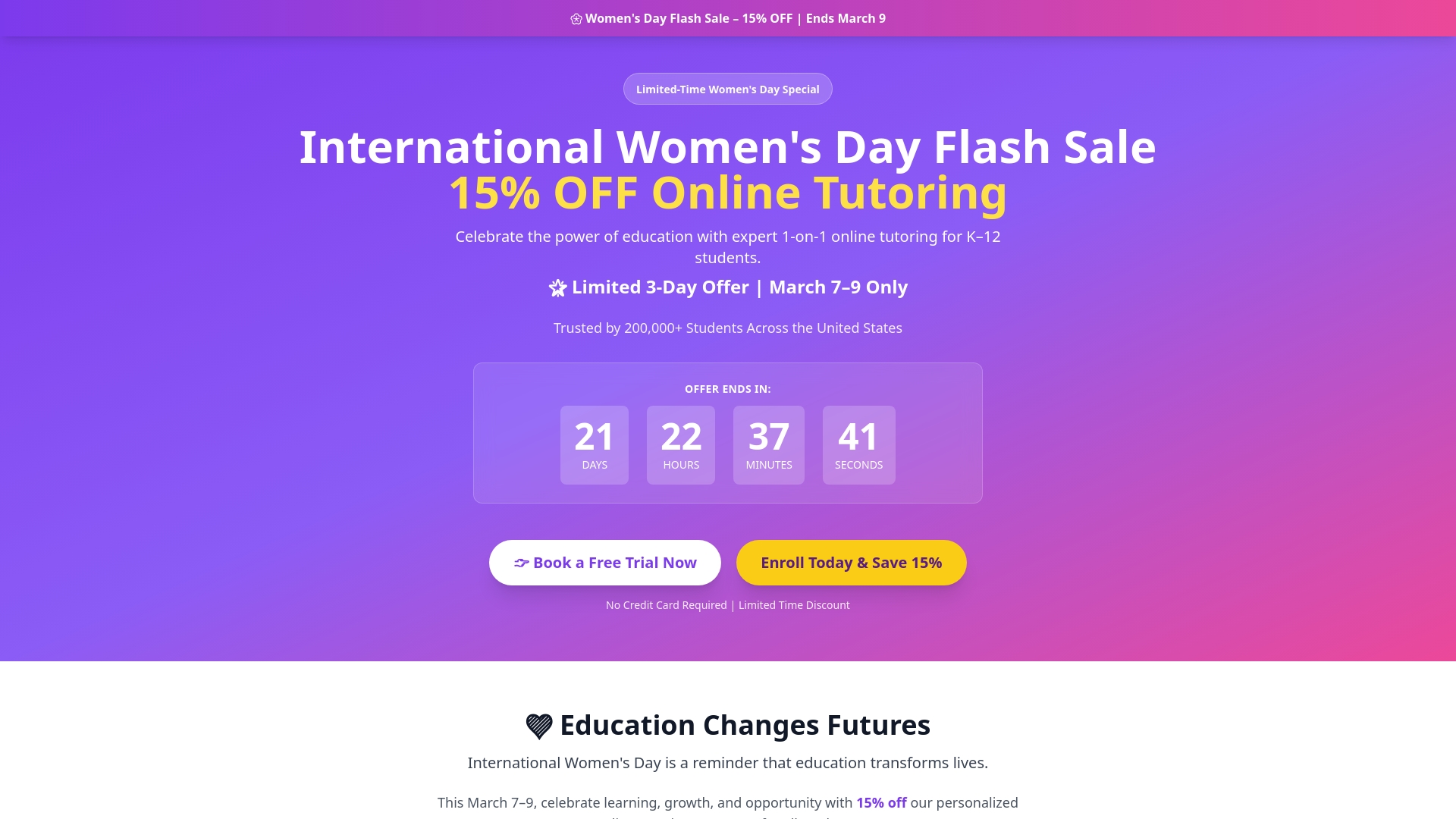 Women's Day Flash Sale – 15% Off Online Tutoring | eTutorWorld